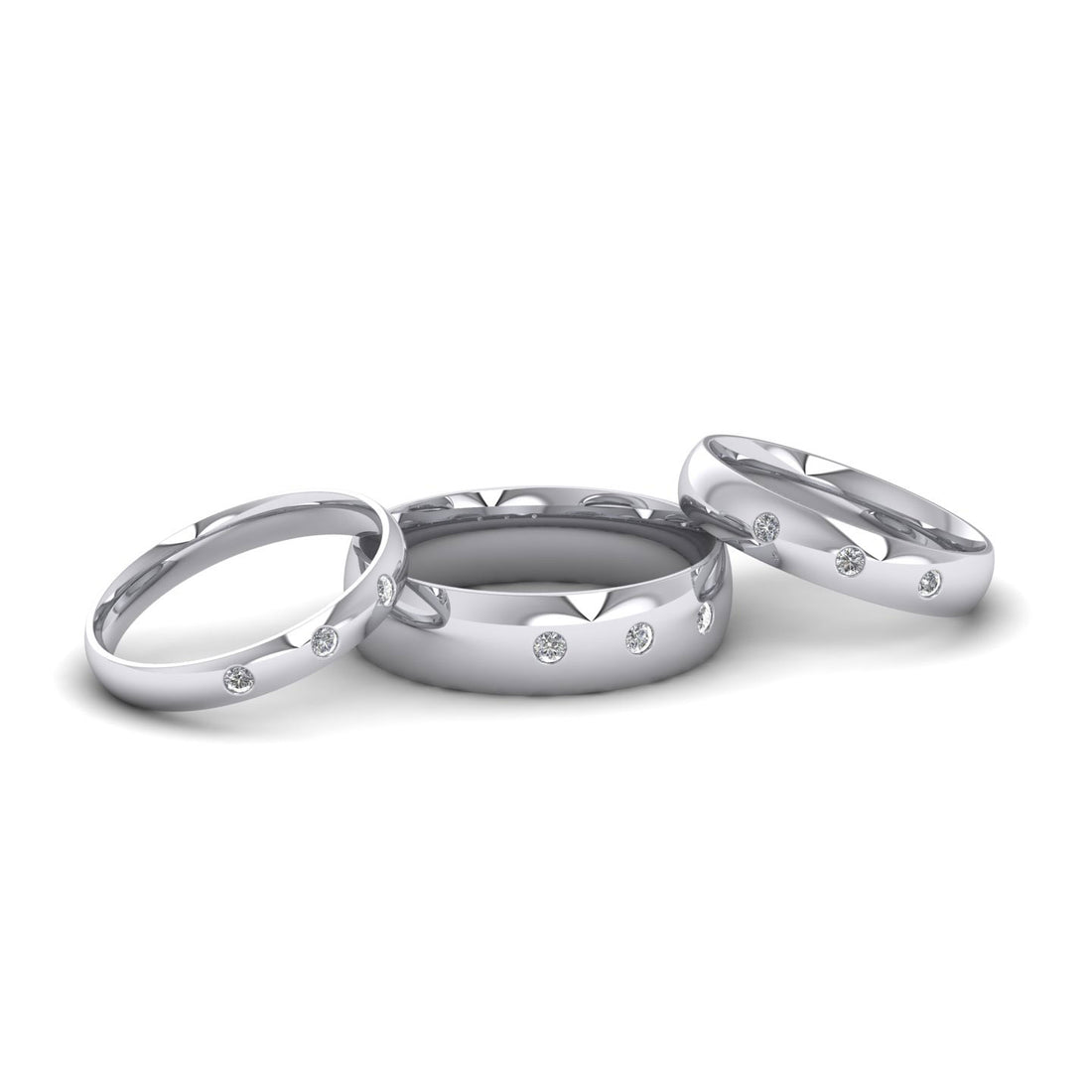 Three Diamond Flush Set Sterling Silver 4mm Wedding Ring – dotJewellery.com